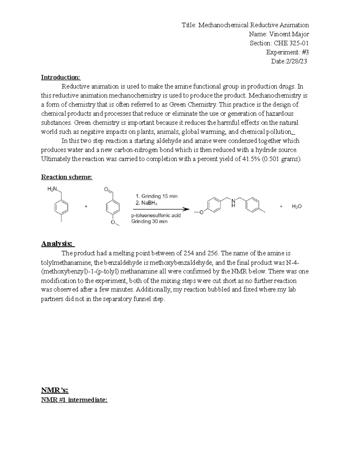 CHE 325 Lab 3 Report: Reductive Animation in Organic Chemistry - Studocu