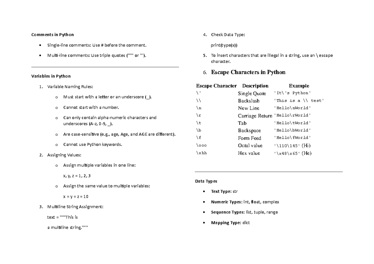 Resume By Nassima - python - Comments in Python • Single-line comments: Use # before the comment ...