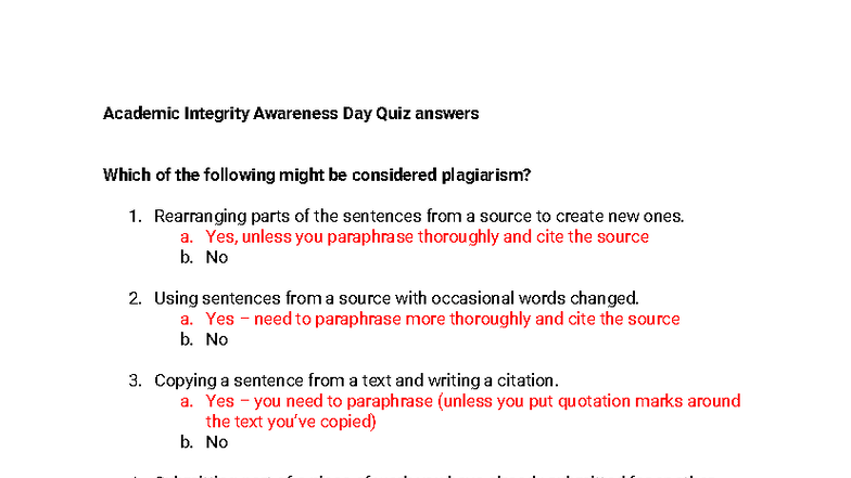 Academic Integrity Awareness Day Quiz Answers & Insights - Studocu