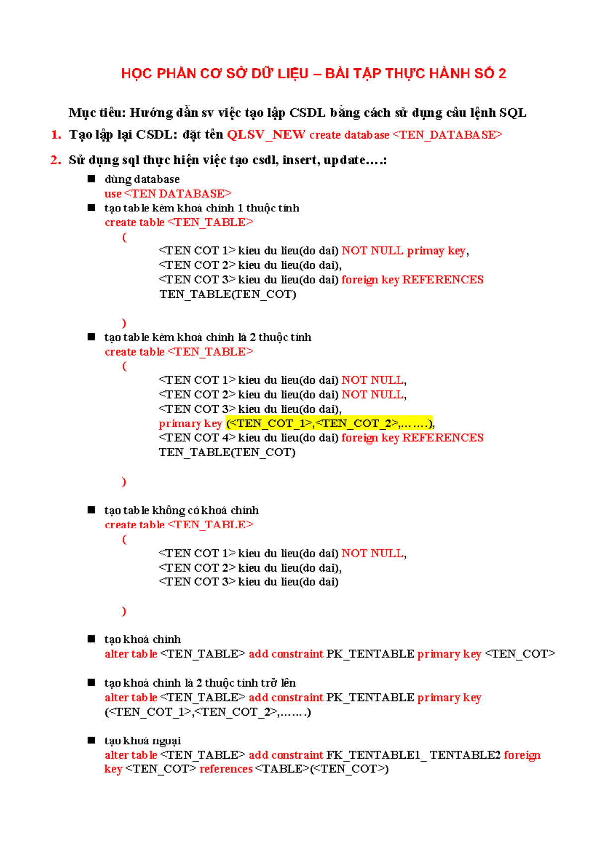 T TH.02 - QLSV - tạo lập csdl - dùng SQL - HỌC PHẦN CƠ SỞ DỮ LIỆU – BÀI ...
