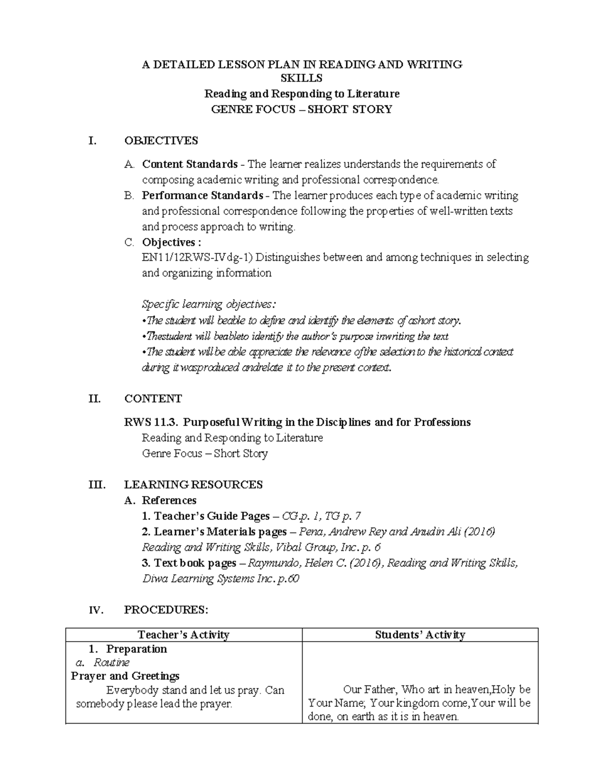 DLP for RWS 11-12: Short Story Lesson Plan for 4th Quarter - Studocu