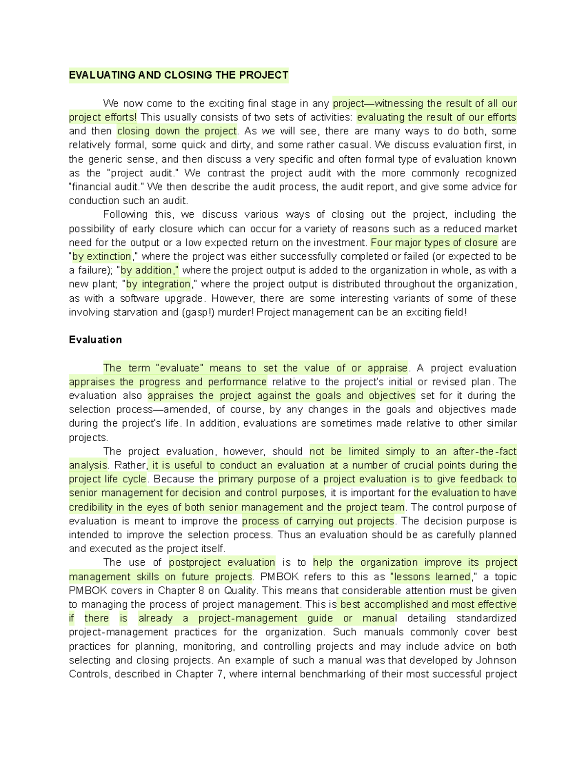 Project Management: Chapter 8 - Evaluating & Closing the Project - Studocu