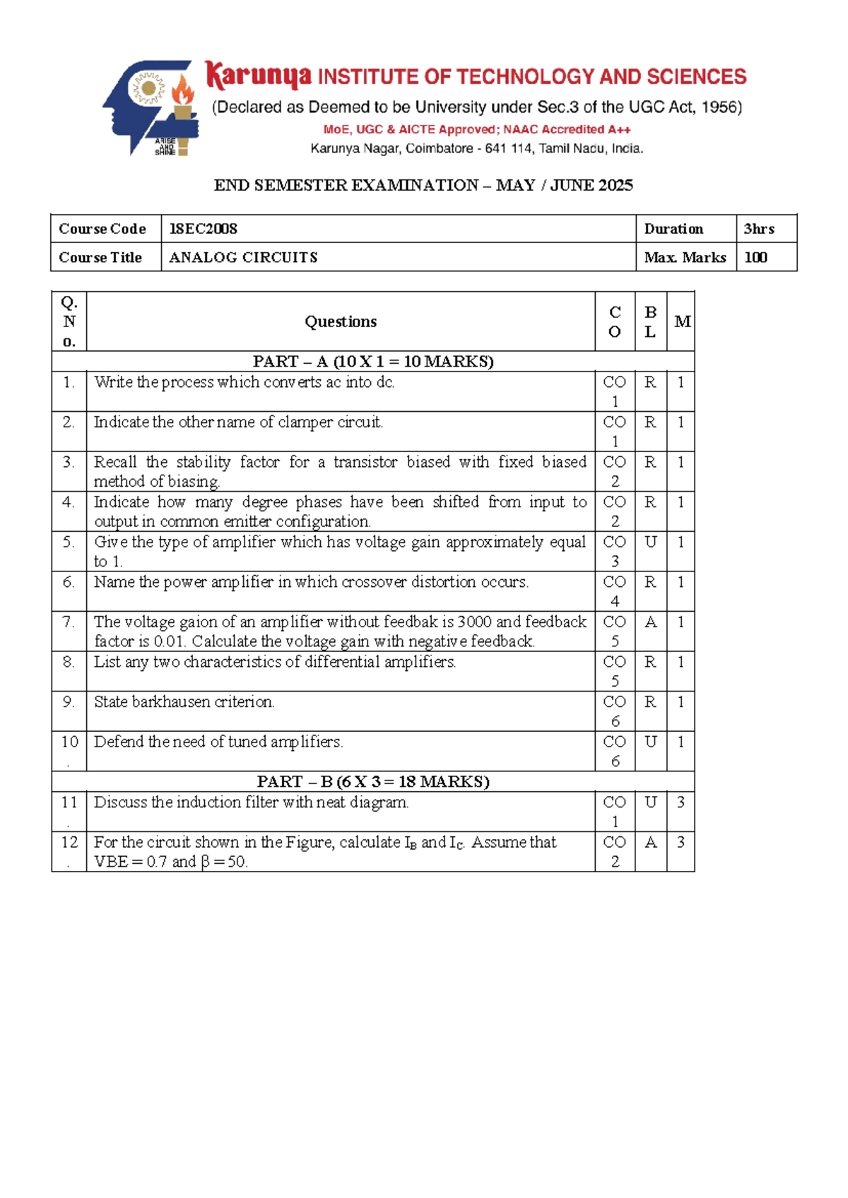 END SEMESTER EXAMINATION MAY JUNE 2025 Course Code 18EC2008: ANALOG ...