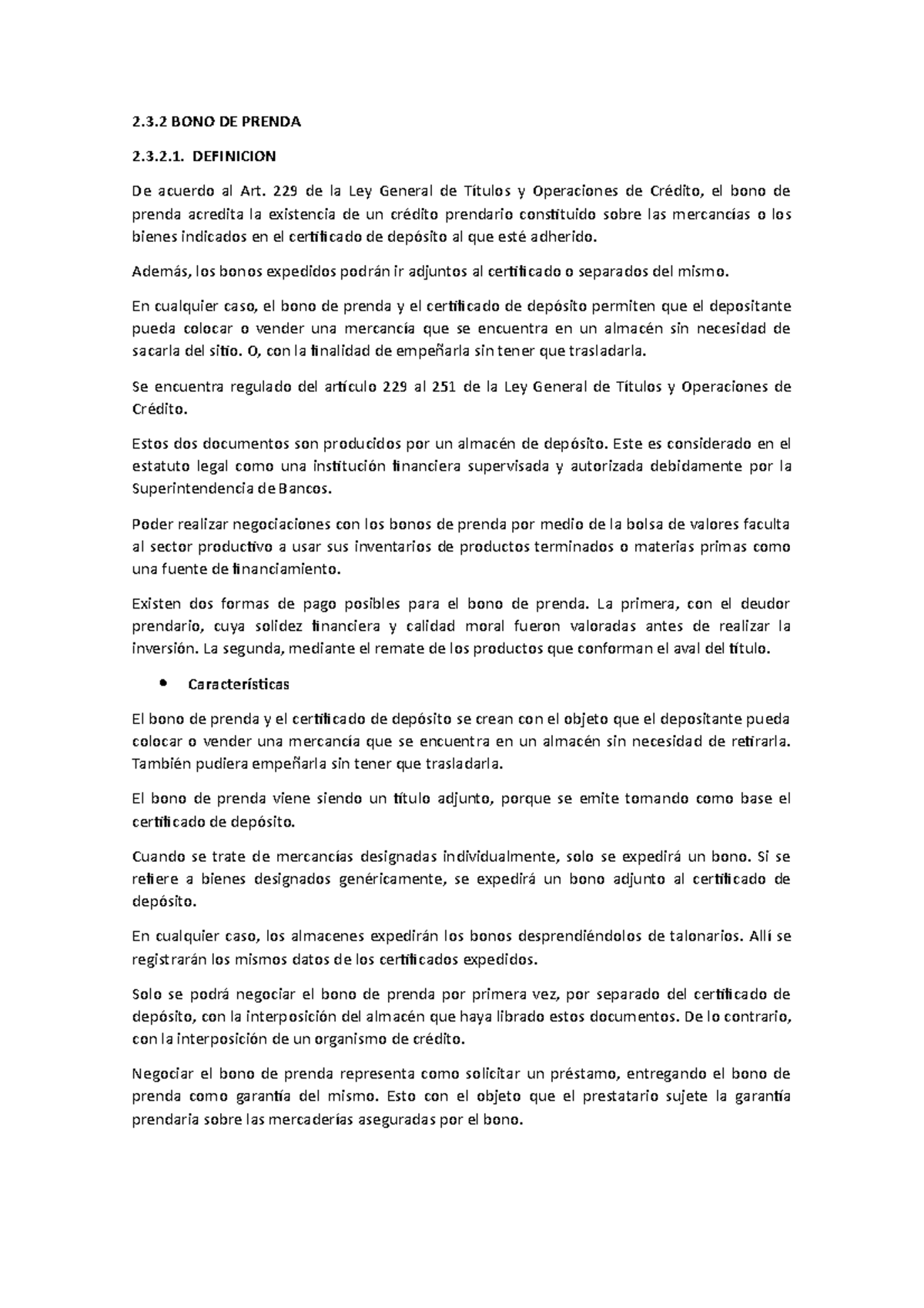 2.3.2 BONO DE Prenda: Definición, Características y Negociación - Studocu