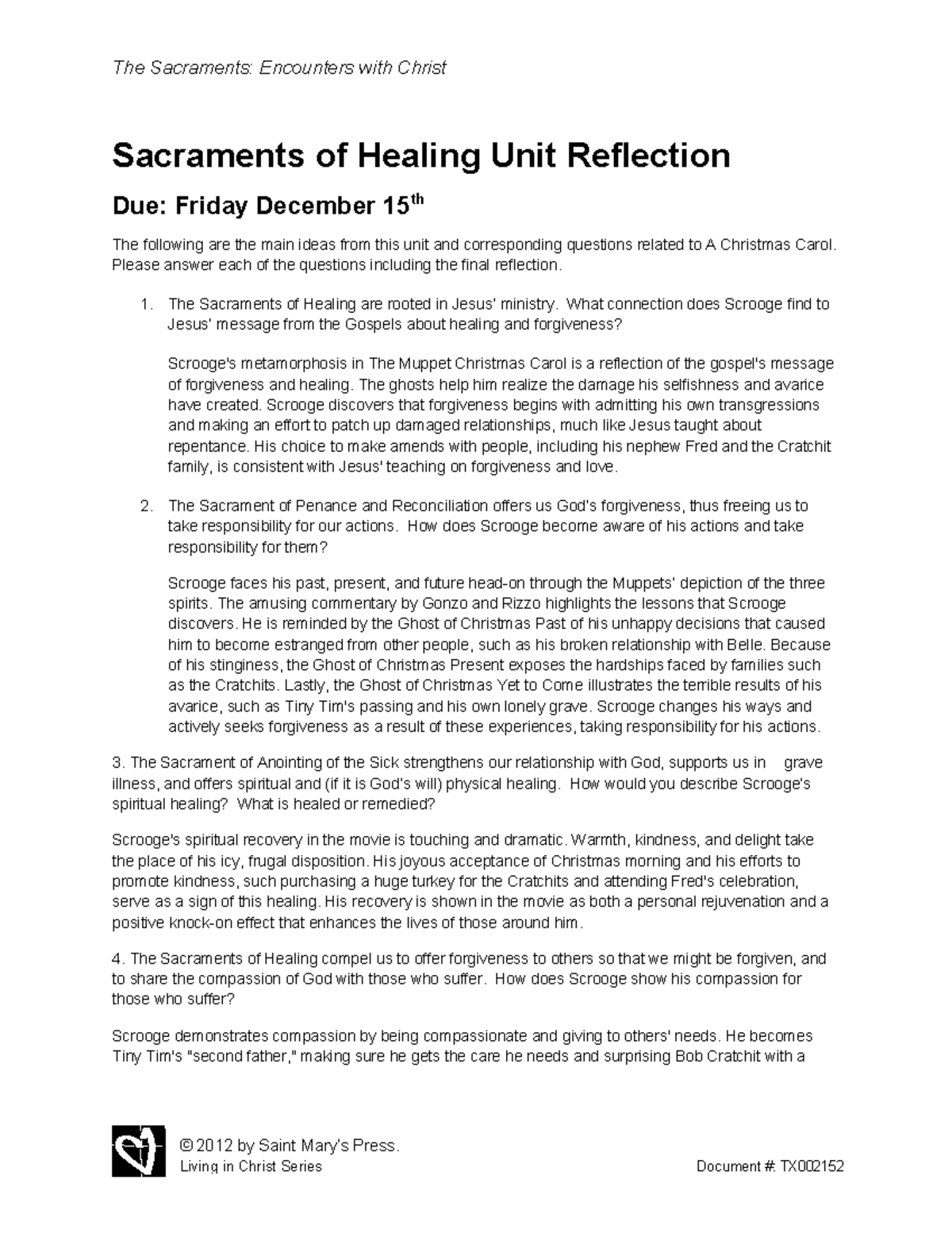 A Christmas Carol & Sacraments of Healing Reflection TX002152 - Studocu
