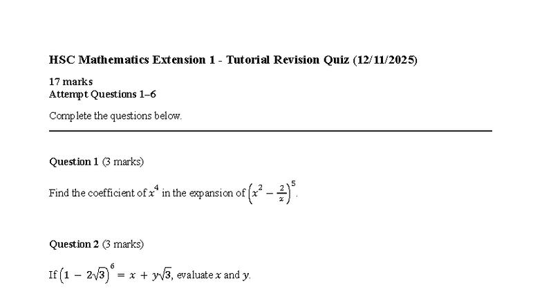 HSC Mathematics Extension 1 - Tutorial Revision Quiz 17 Marks - Studocu