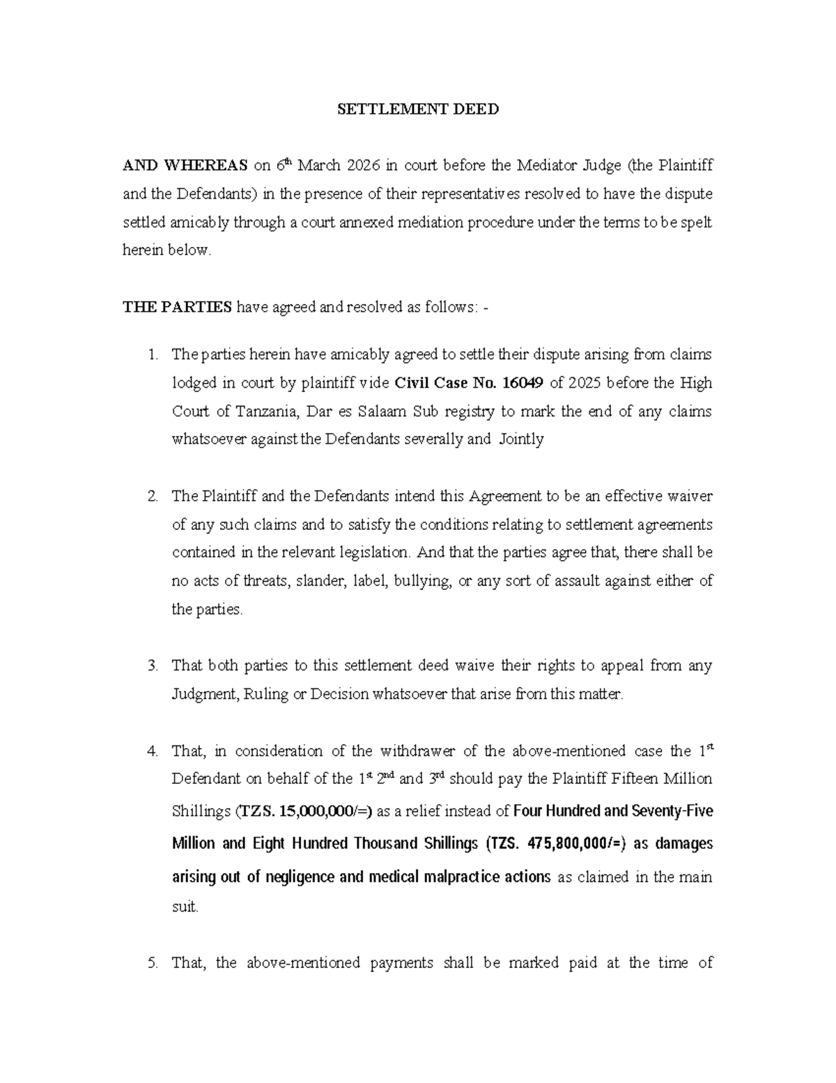 Settlement Deed for Civil Case No. 16049 of 2025 - Studocu
