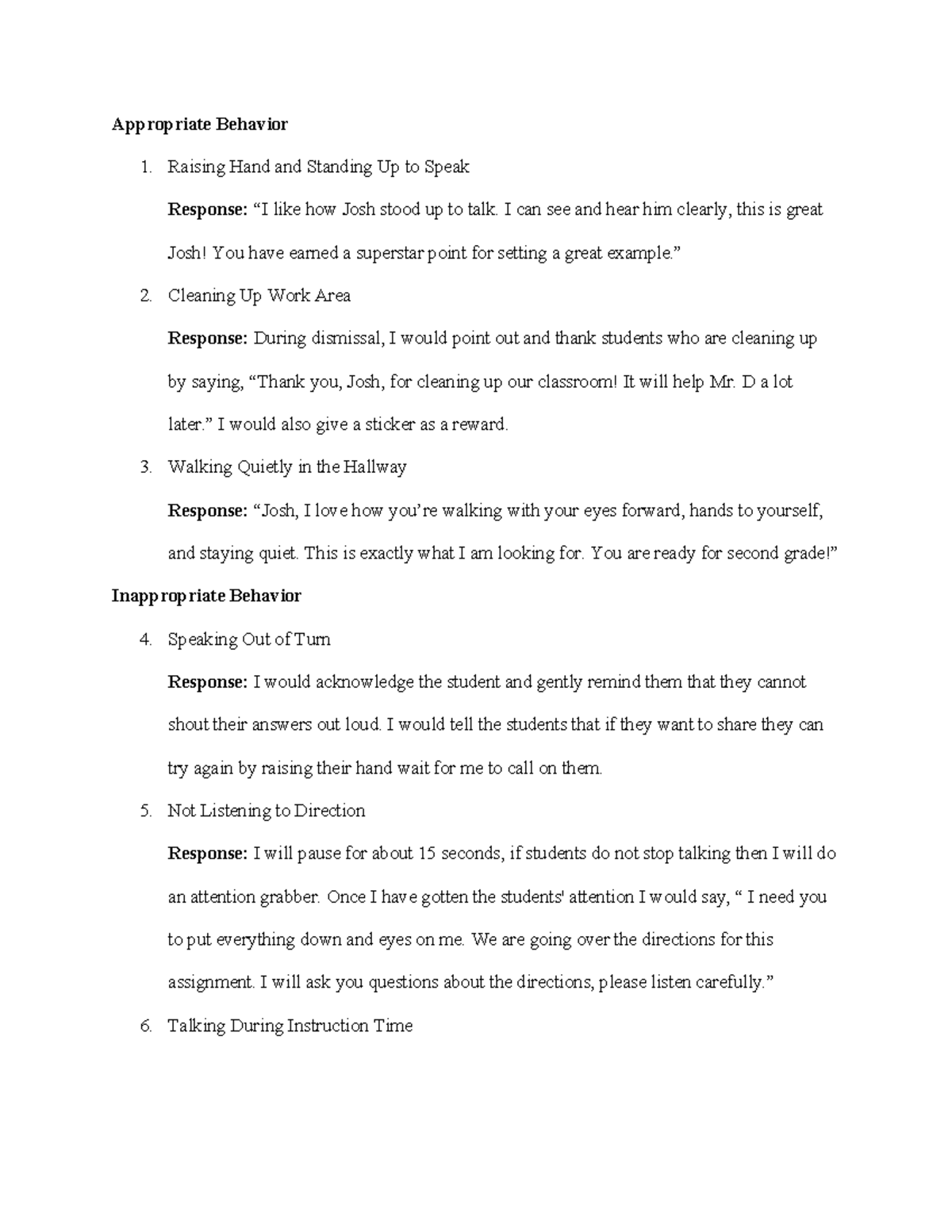 Responses to Appropriate & Inappropriate Behaviors (EDU 101) - Studocu