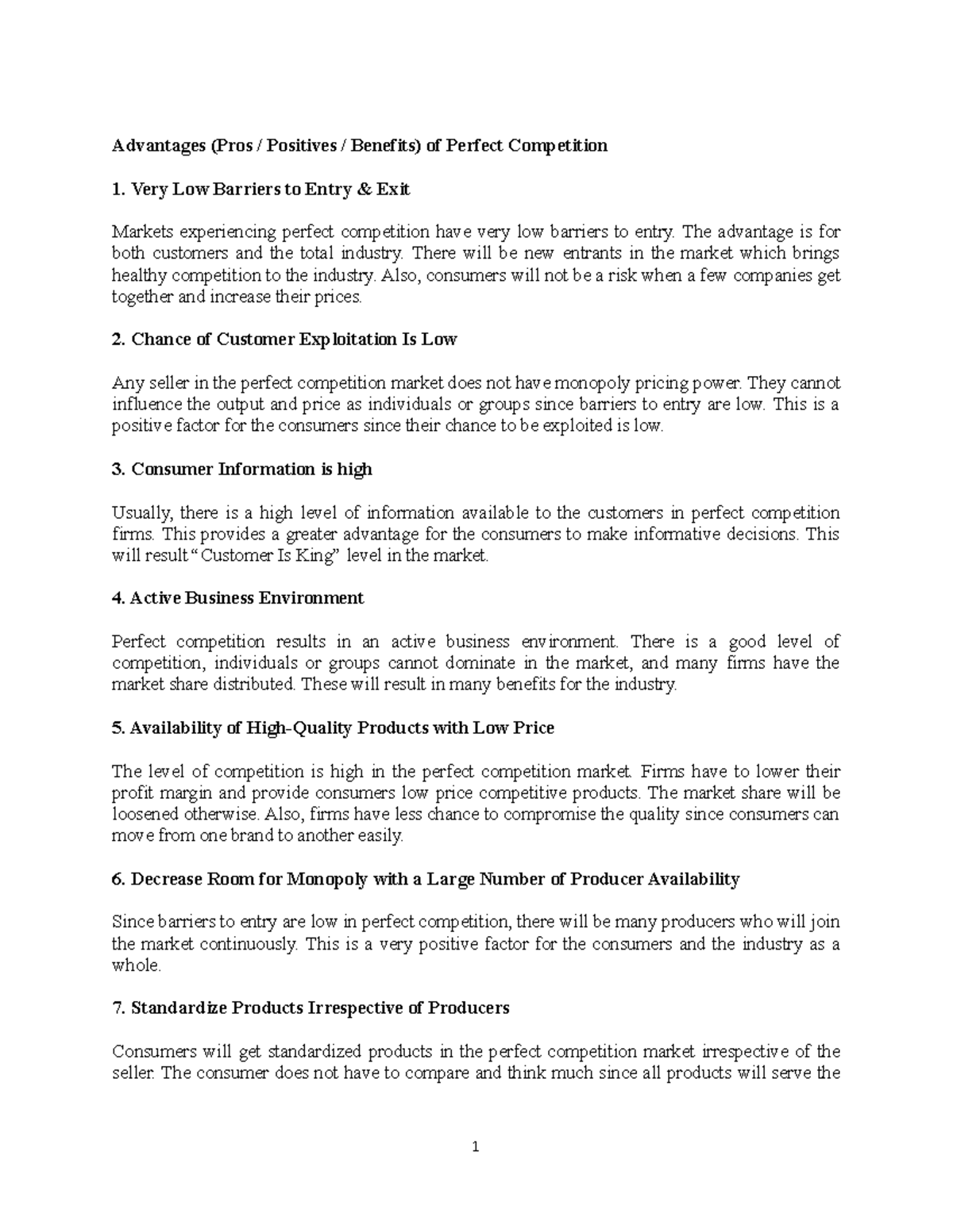 Handout - Pros and Cons of Perfect Competition Analysis - Studocu