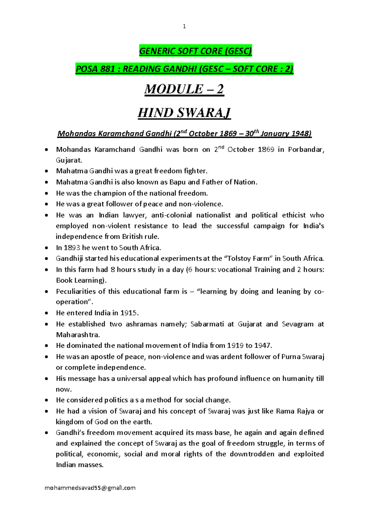 GESC 881: Reading Gandhi - Module 2: Hind Swaraj Analysis - Studocu