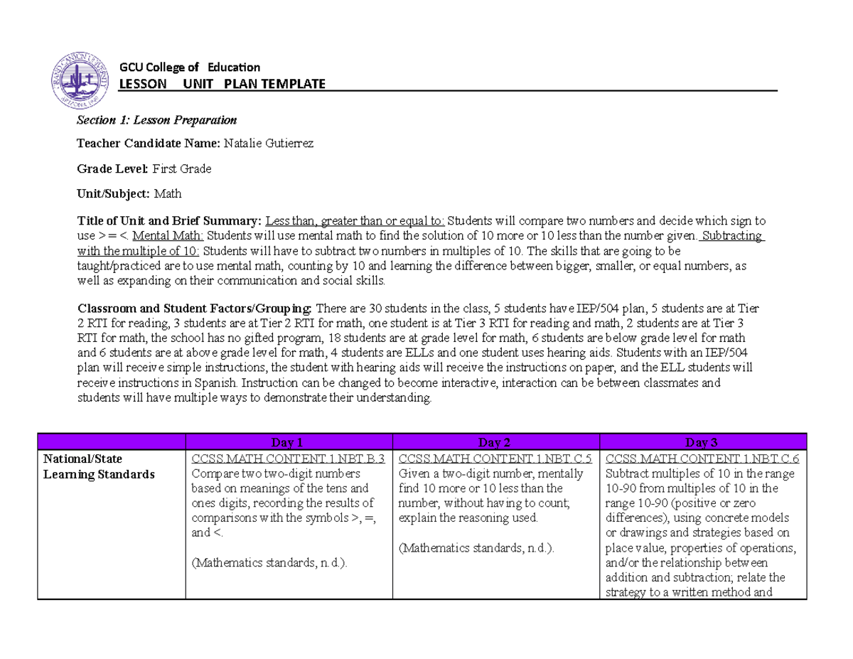 ELM 470 Benchmark - Mathematics Unit Plan - Section 1: Lesson Preparation Teacher Candidate Name ...