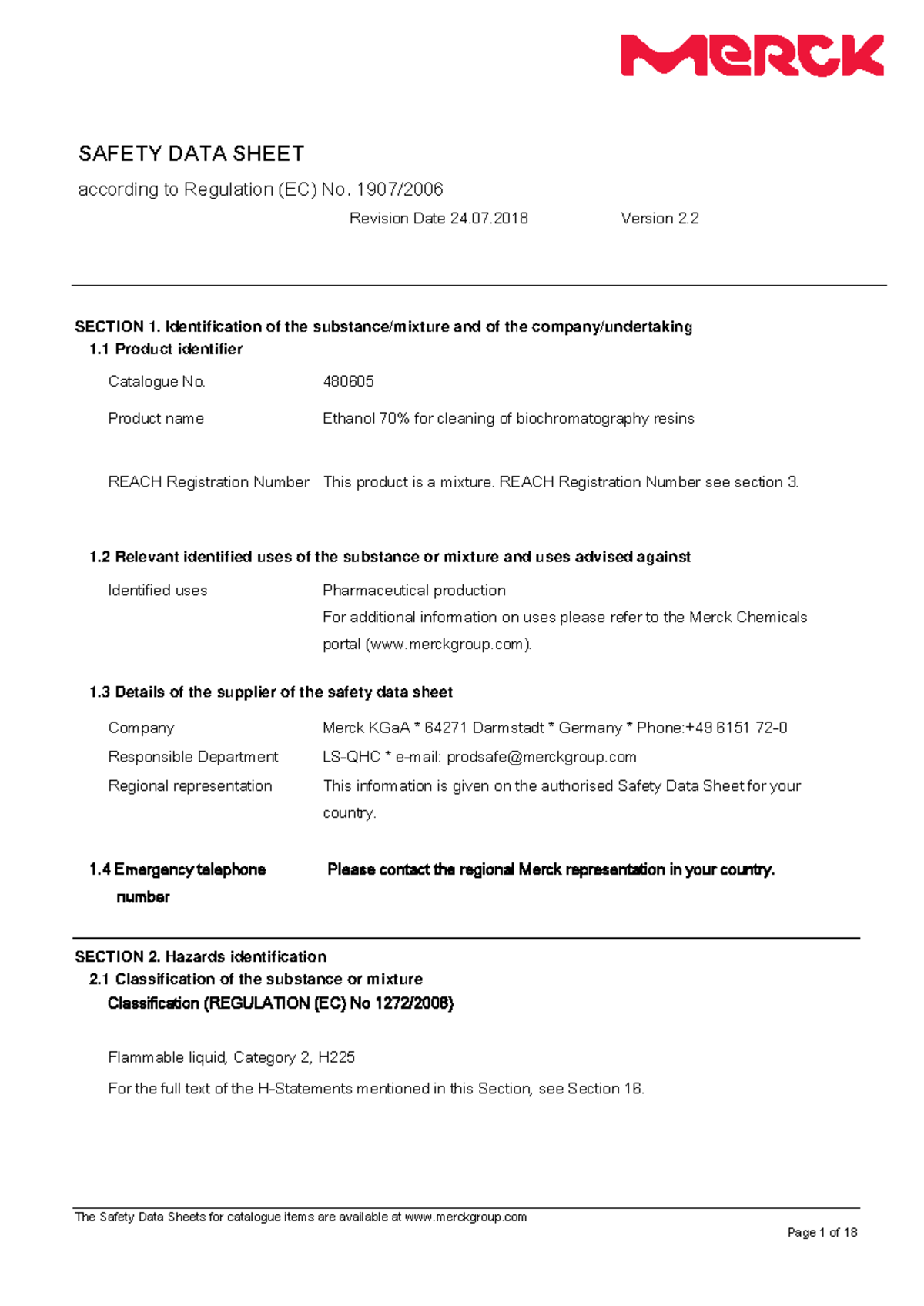Safety Data Sheet (SDS) for Ethanol (Catalogue No. 480605) - Studeersnel