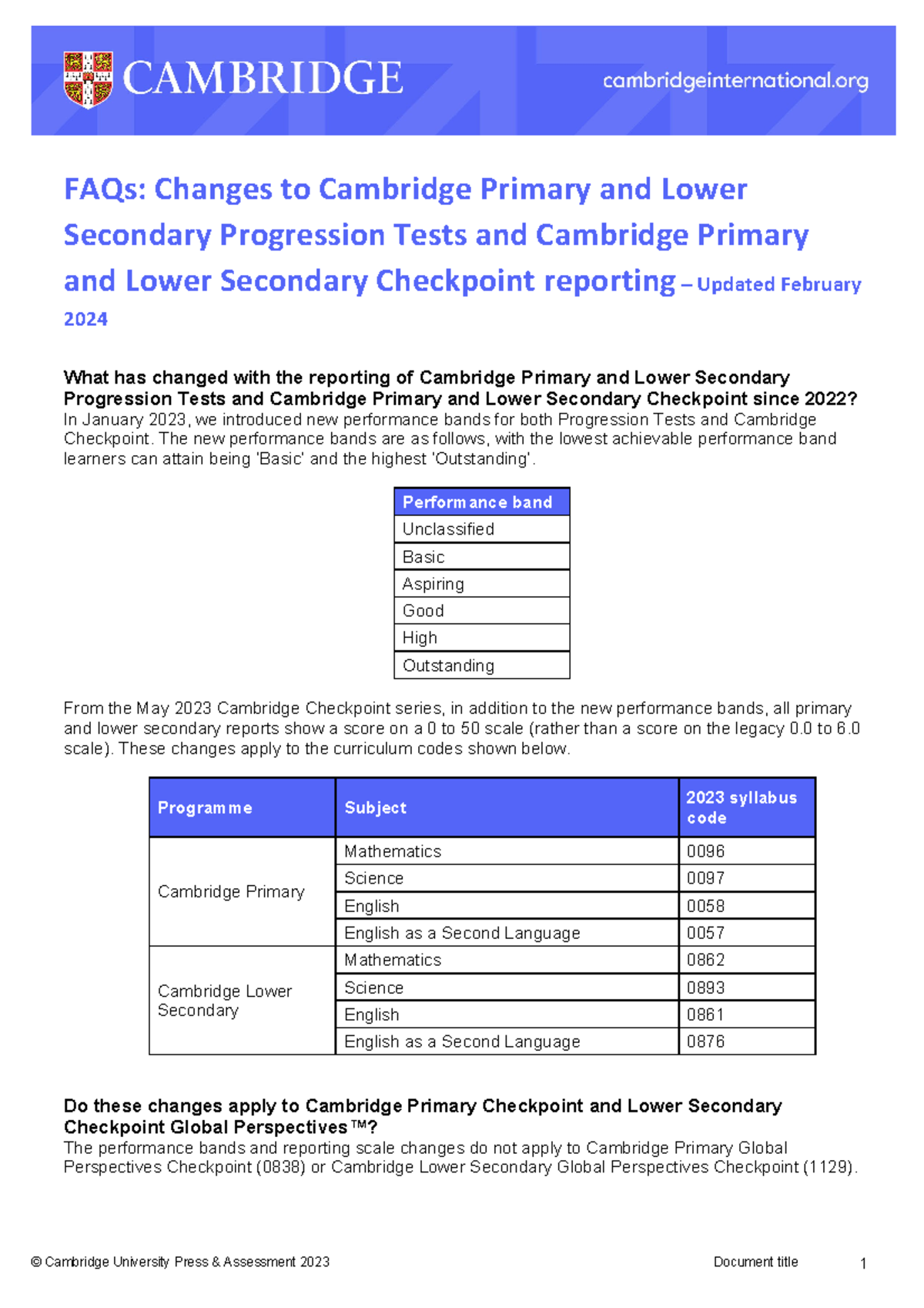 Cambridge Primary & Lower Secondary Progression Tests FAQs - Feb 2024 ...