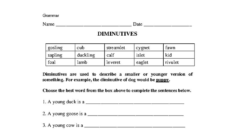 Diminutives Grade 8 Worksheet 1: Fill in the Blanks Exercise - Studocu