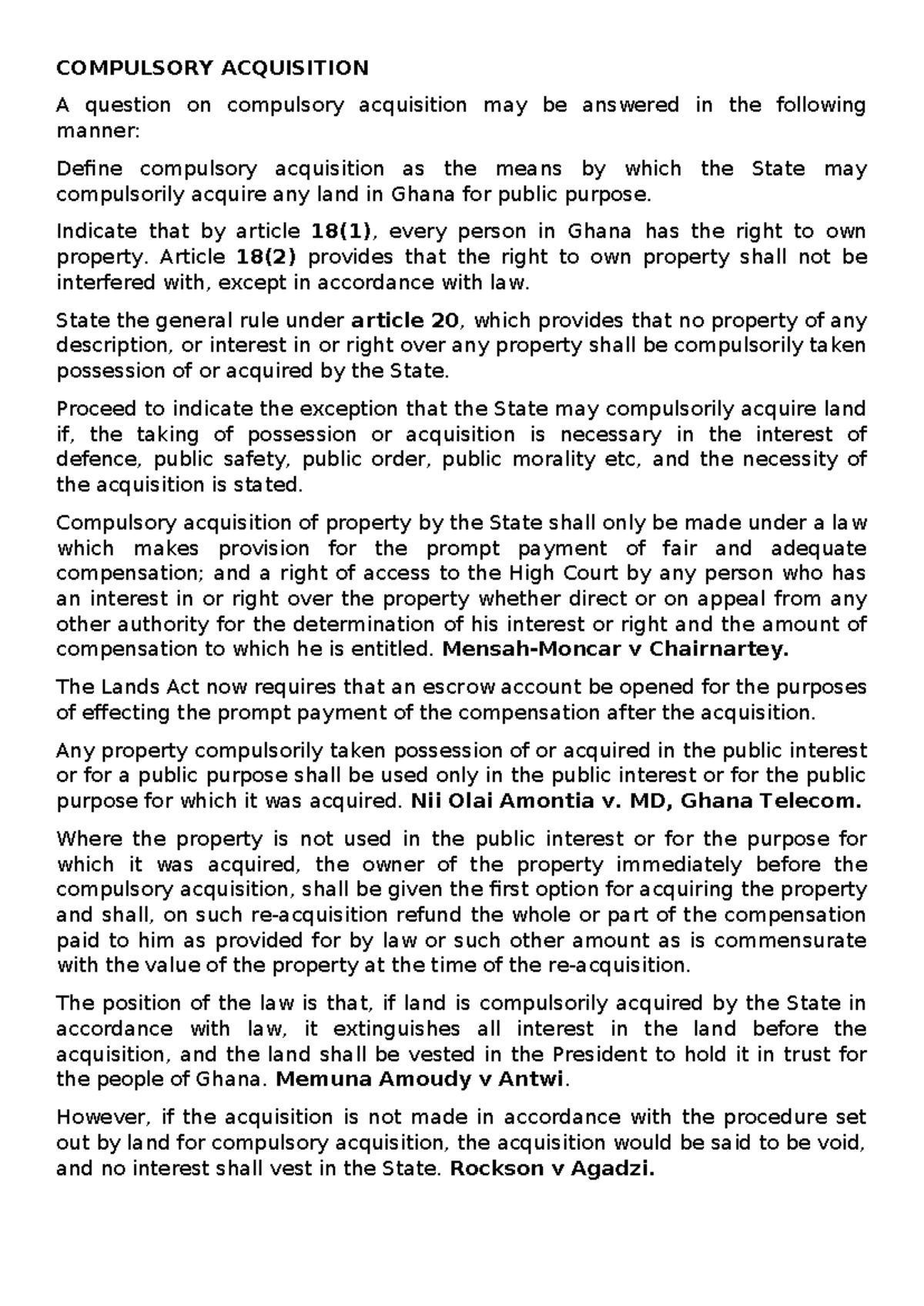 Lecture Notes on Compulsory Acquisition in Ghana (Lands Act 2020) - Studocu