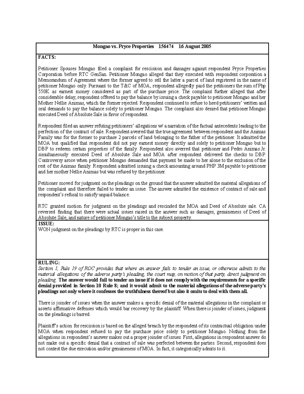 Case Digests for Rule 6-10: Mongao vs. Pryce Properties & Others - Studocu