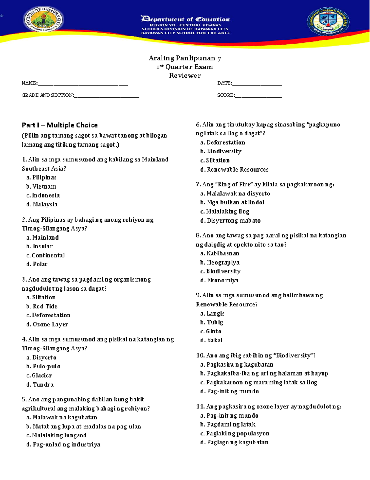 AP 7 1st Quarter Exam Reviewer: Araling Panlipunan Multiple Choice ...