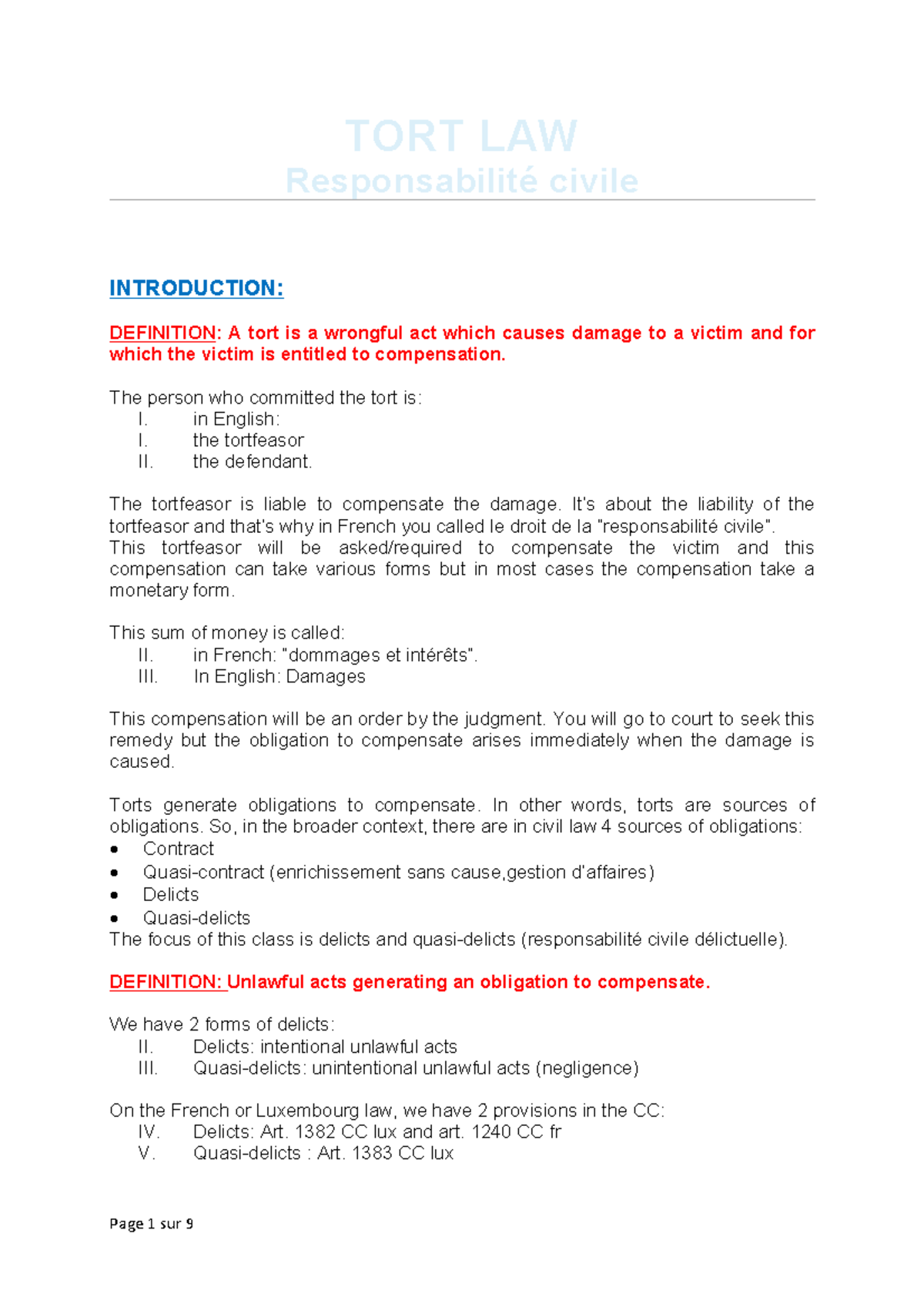TORT LAW 101: Introduction to Civil Liability and Delicts - Studocu