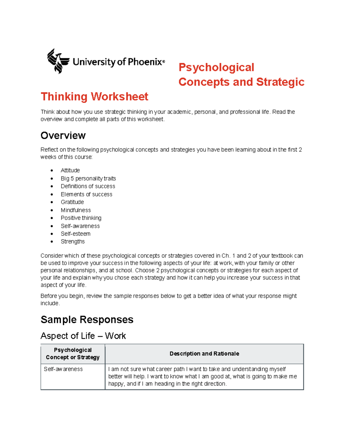 Psych 101: Strategic Thinking & Psychological Concepts Worksheet - Studocu