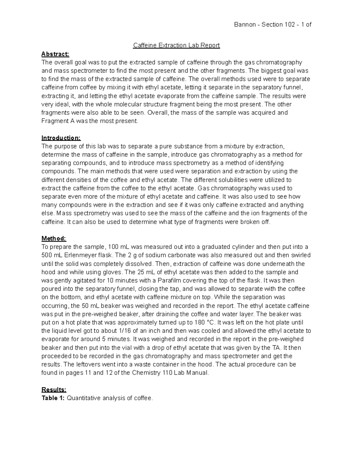 Caffeine Formal Lab Report - Bannon - Section 102 - 1 of Caffeine ...