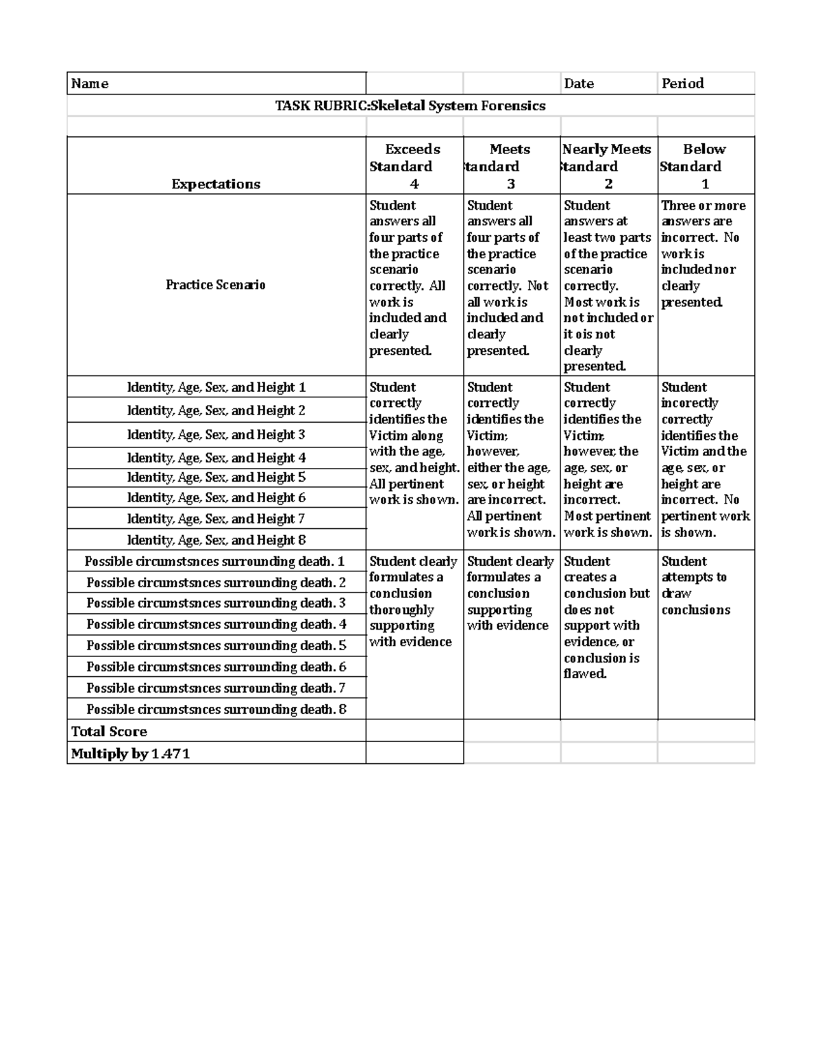Skeletal System Forensics Task Rubric and Evaluation Criteria - Name ...