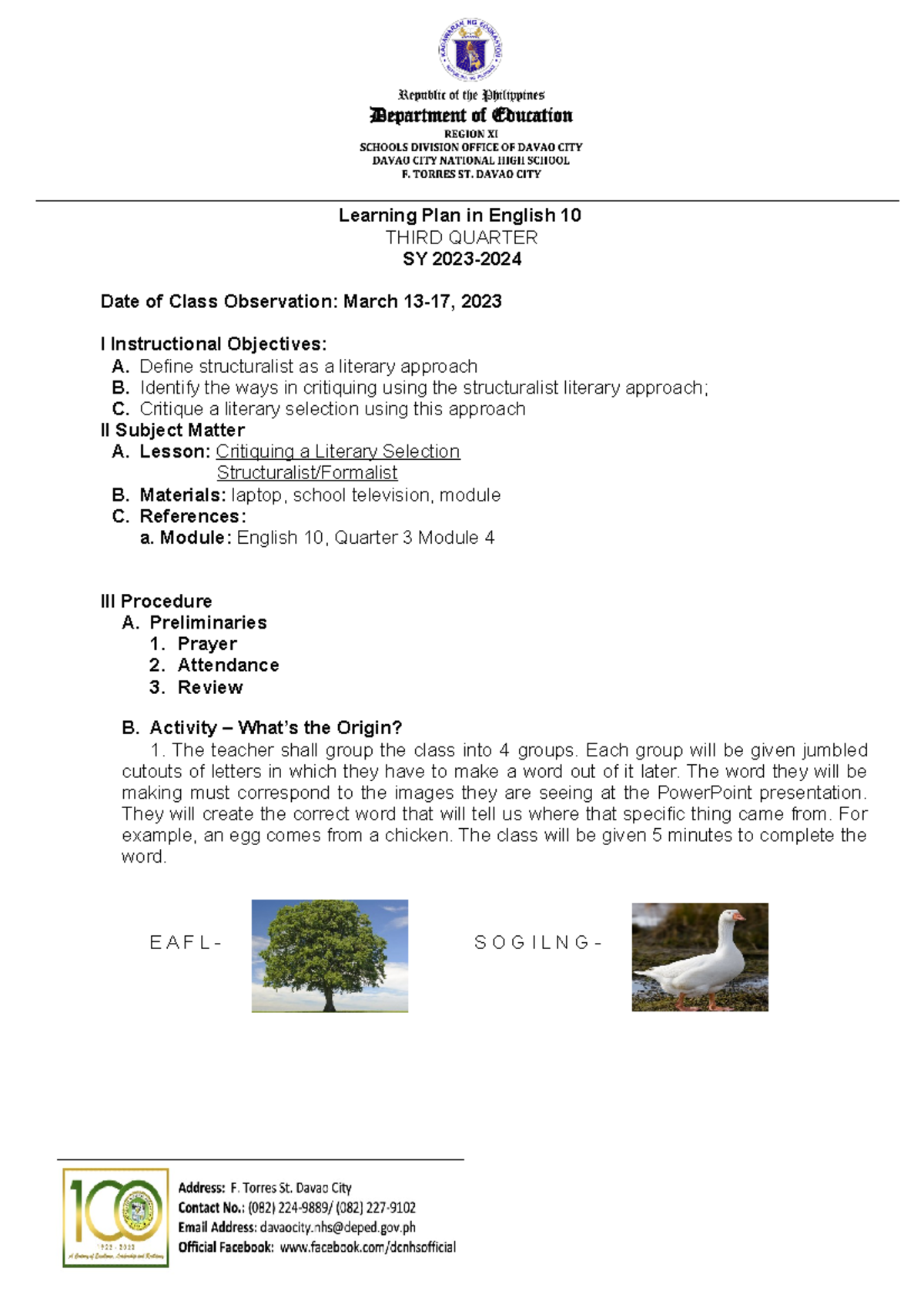 Lesson Plan: Structuralist Approach in English 10 - Q3 2023 - Studocu