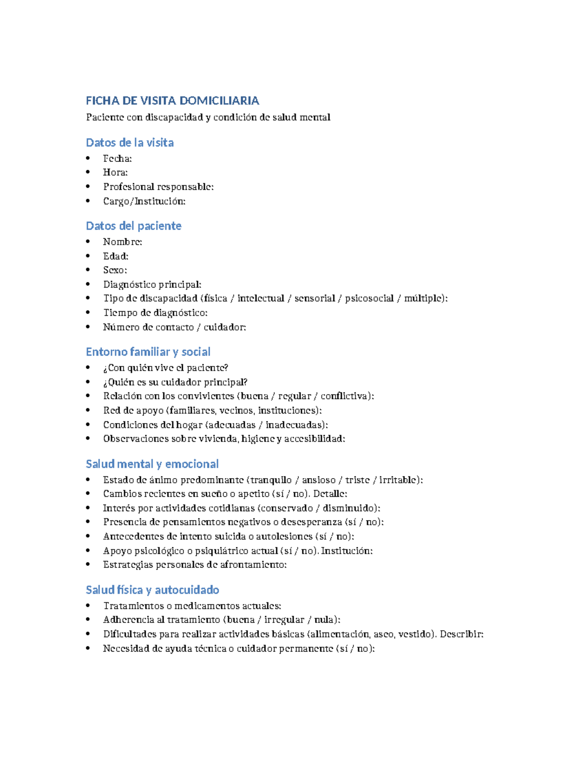 Ficha de Visita Domiciliaria: Paciente con Discapacidad y Salud Mental ...