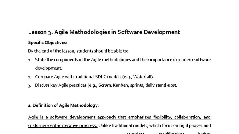 Lesson 3: Agile Methodologies in Software Development (003) - Studocu