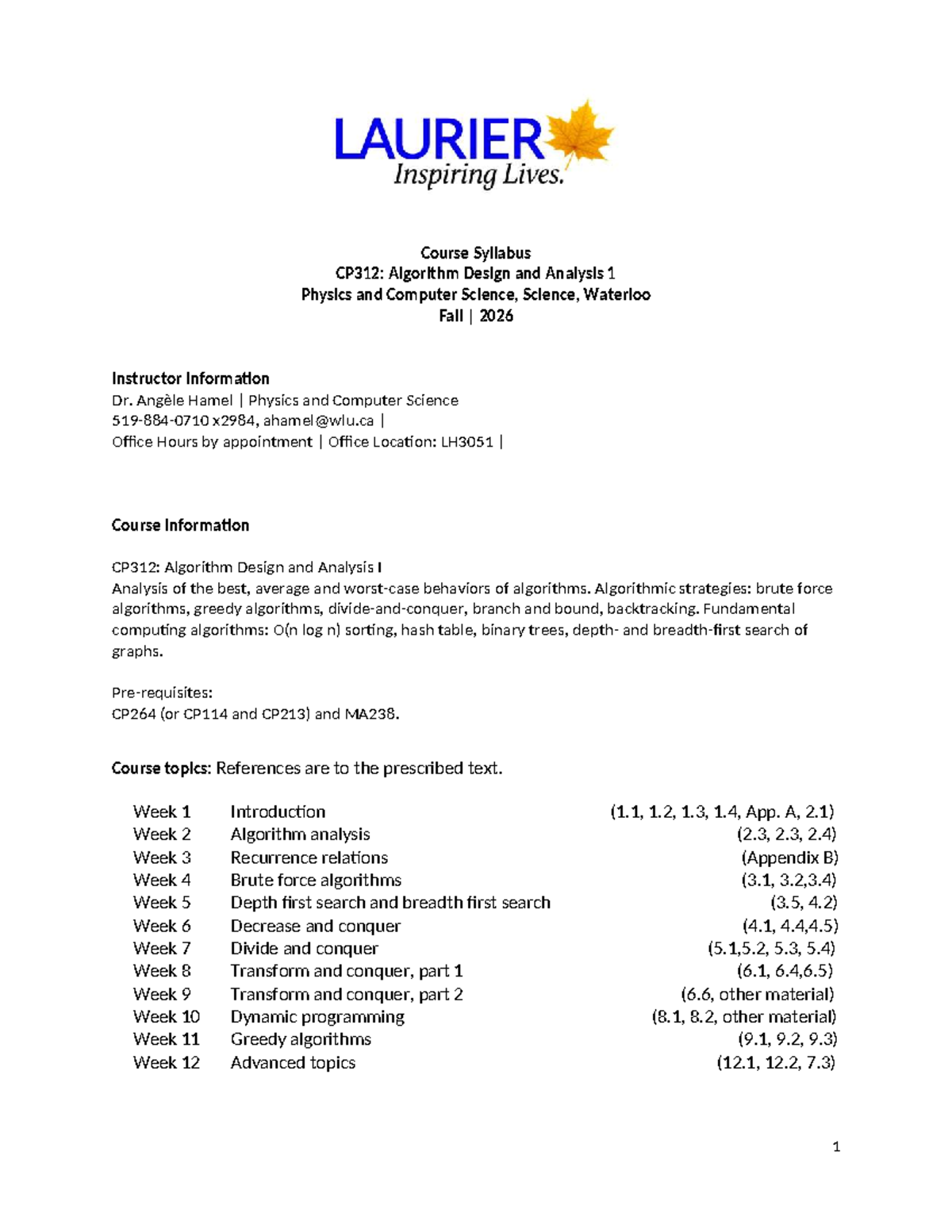 CP312: Algorithm Design and Analysis I Syllabus - Fall 2026 - Studocu