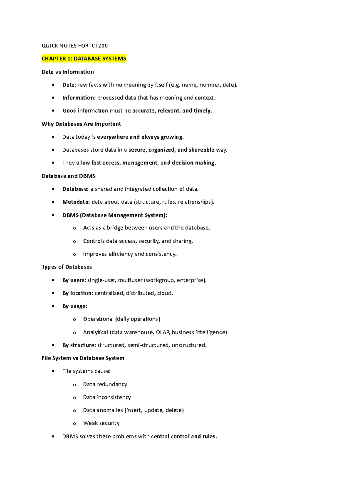 QUICK NOTES FOR ICT200 CHAPTER 1-3: DATABASE SYSTEMS OVERVIEW - Studocu