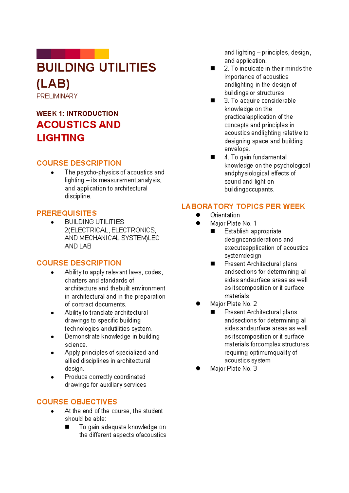BU3 Prelim - Acoustics and Lighting in Building Utilities Lab - Studocu