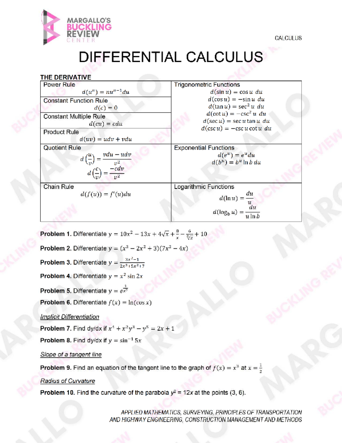 BUC Calculus Review Center: Key Concepts for Civil Engineering - Studocu