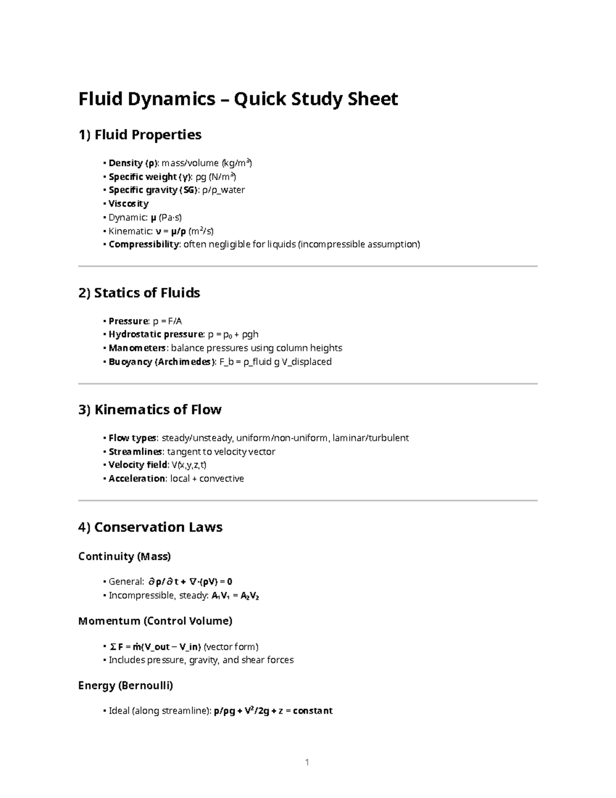 Fluid Dynamics (ENG101) Quick Study Sheet - Studocu