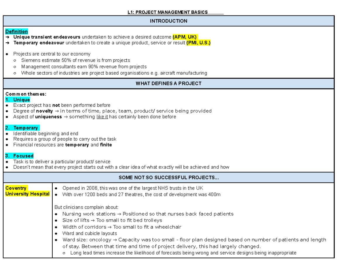 L1: Basics of Project Management and Key Concepts Overview - Studocu