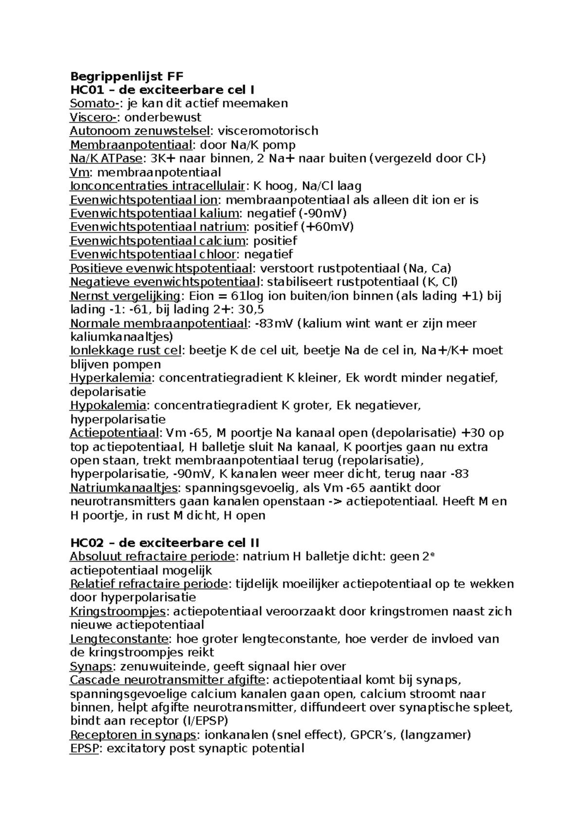 Begrippenlijst FF: Exciteerbare Cellen en Farmacodynamiek HC01-HC04 ...