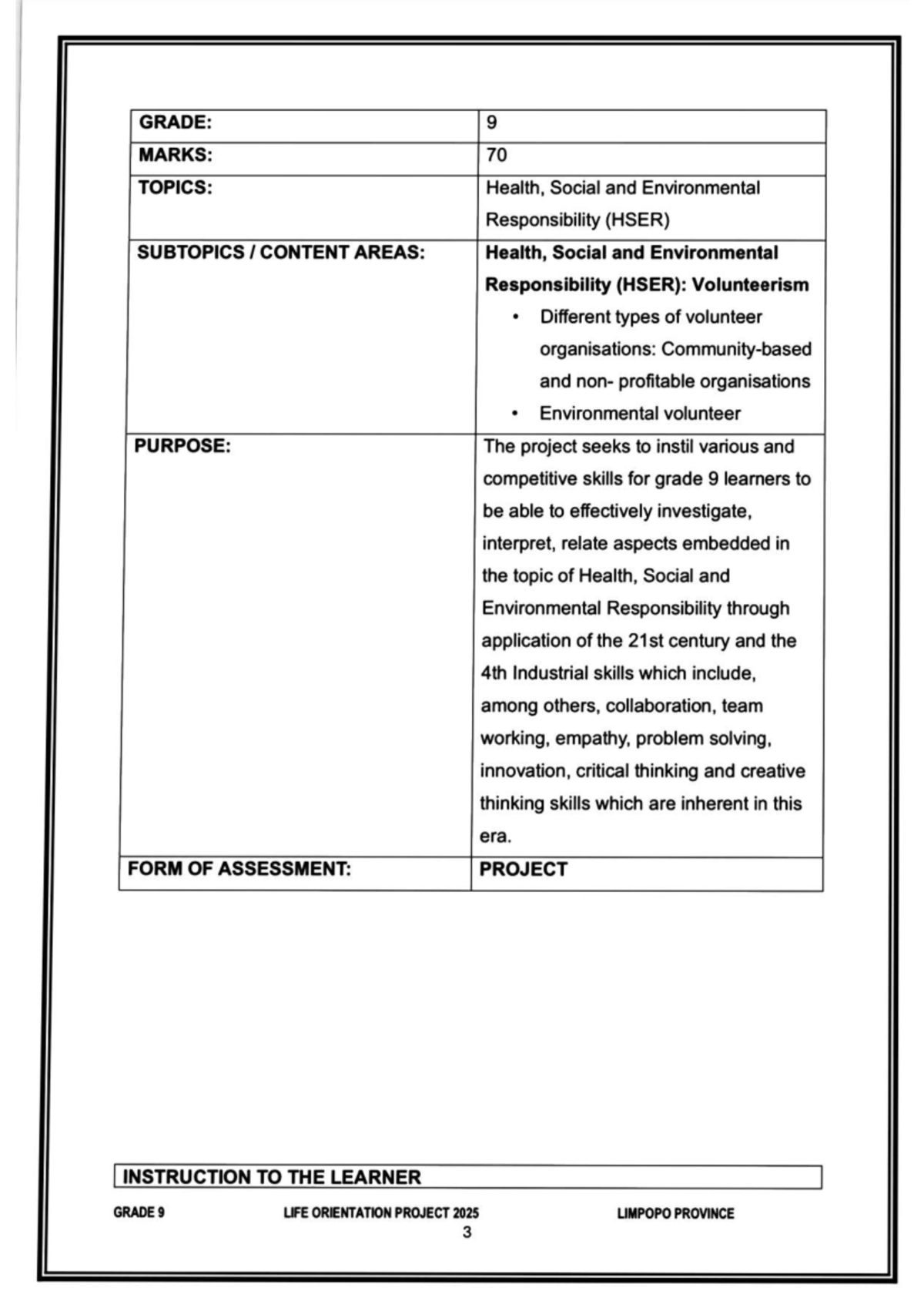 Grade 9 LO Project: Health, Social & Environmental Responsibility 2025 ...