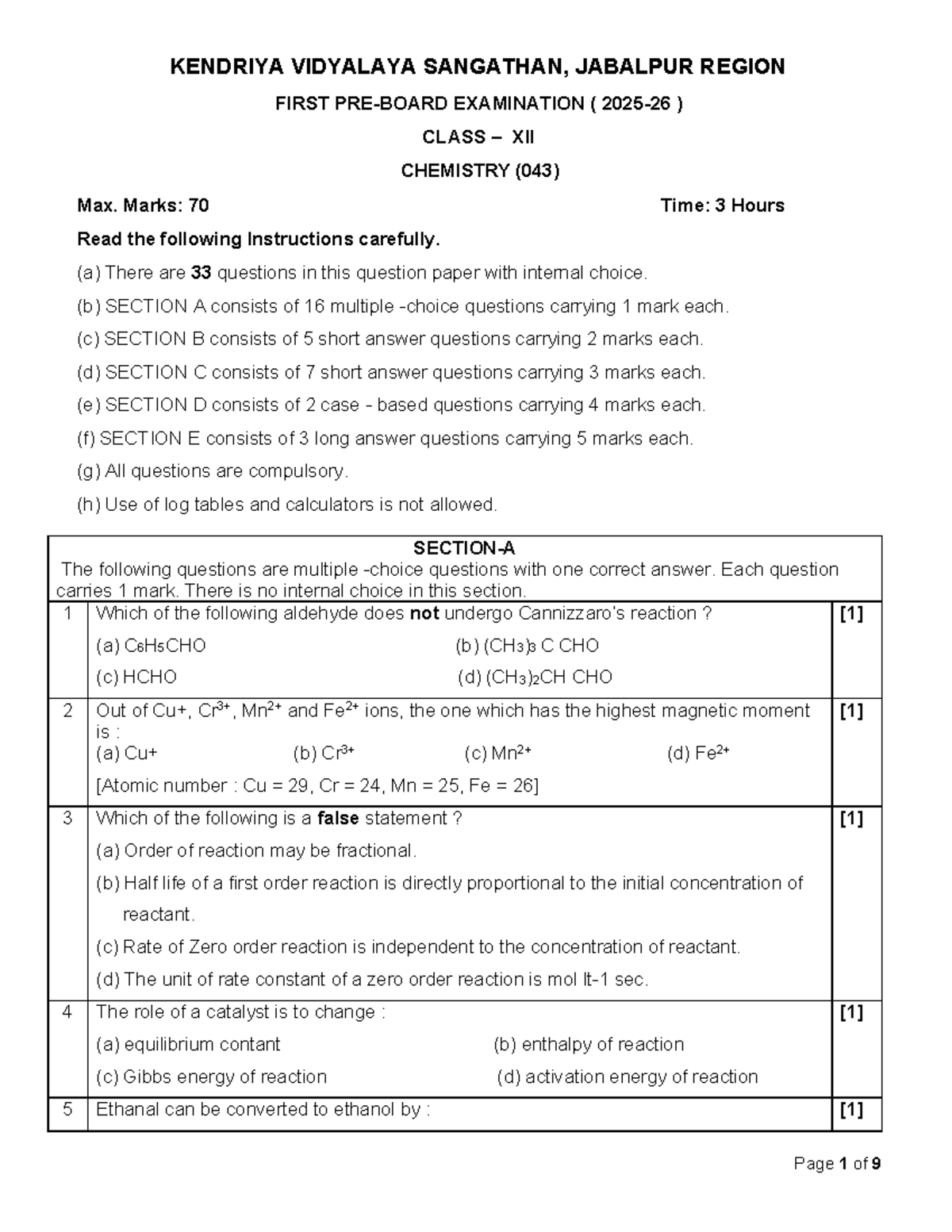 Class XII Chemistry (043) First Examination Question Paper - Studocu