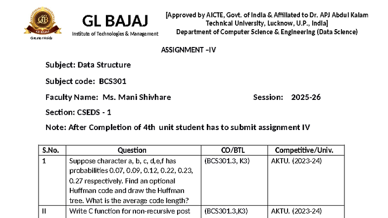 BCS301 Assignment IV: Data Structures & Huffman Coding Techniques - Studocu