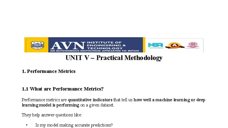 UNIT 5 Deep Learning: Practical Methodology & Performance Metrics - Studocu