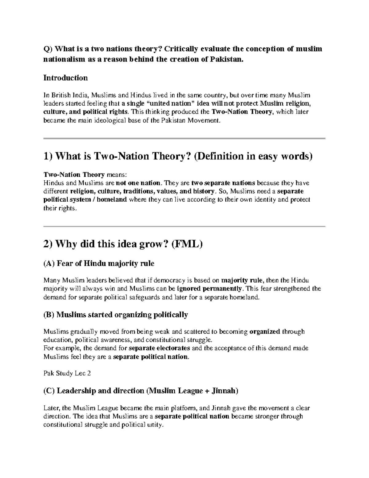 Two-Nation Theory: Critical Evaluation of Muslim Nationalism in ...