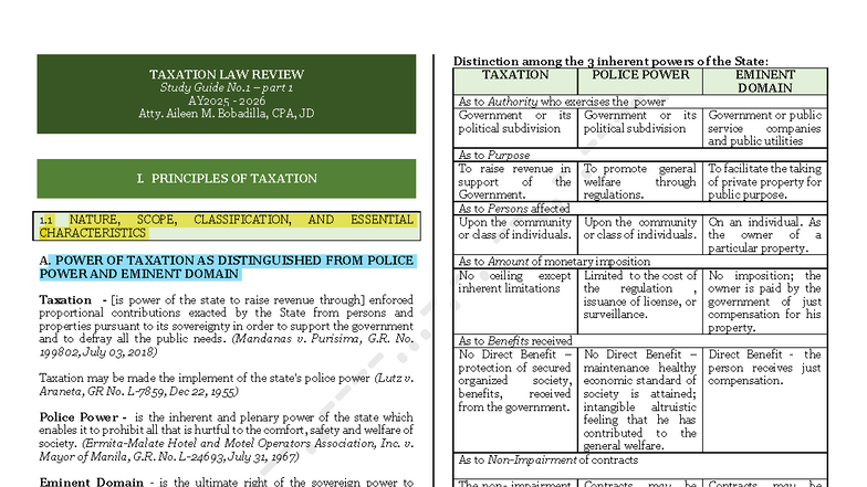 TAX2025 Study Guide: Distinctions of State Powers - Taxation, Police ...