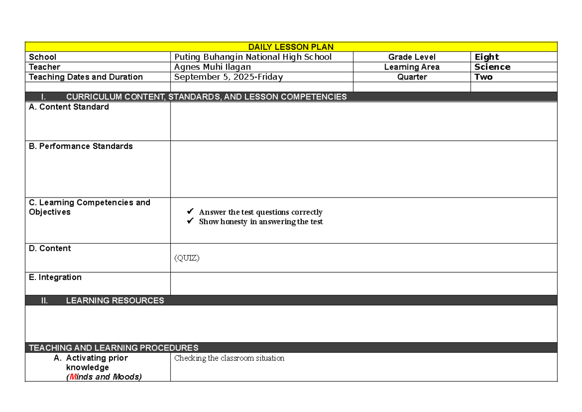 DAILY LESSON PLAN for Grade 8 Science - Puting Buhangin HS - Studocu