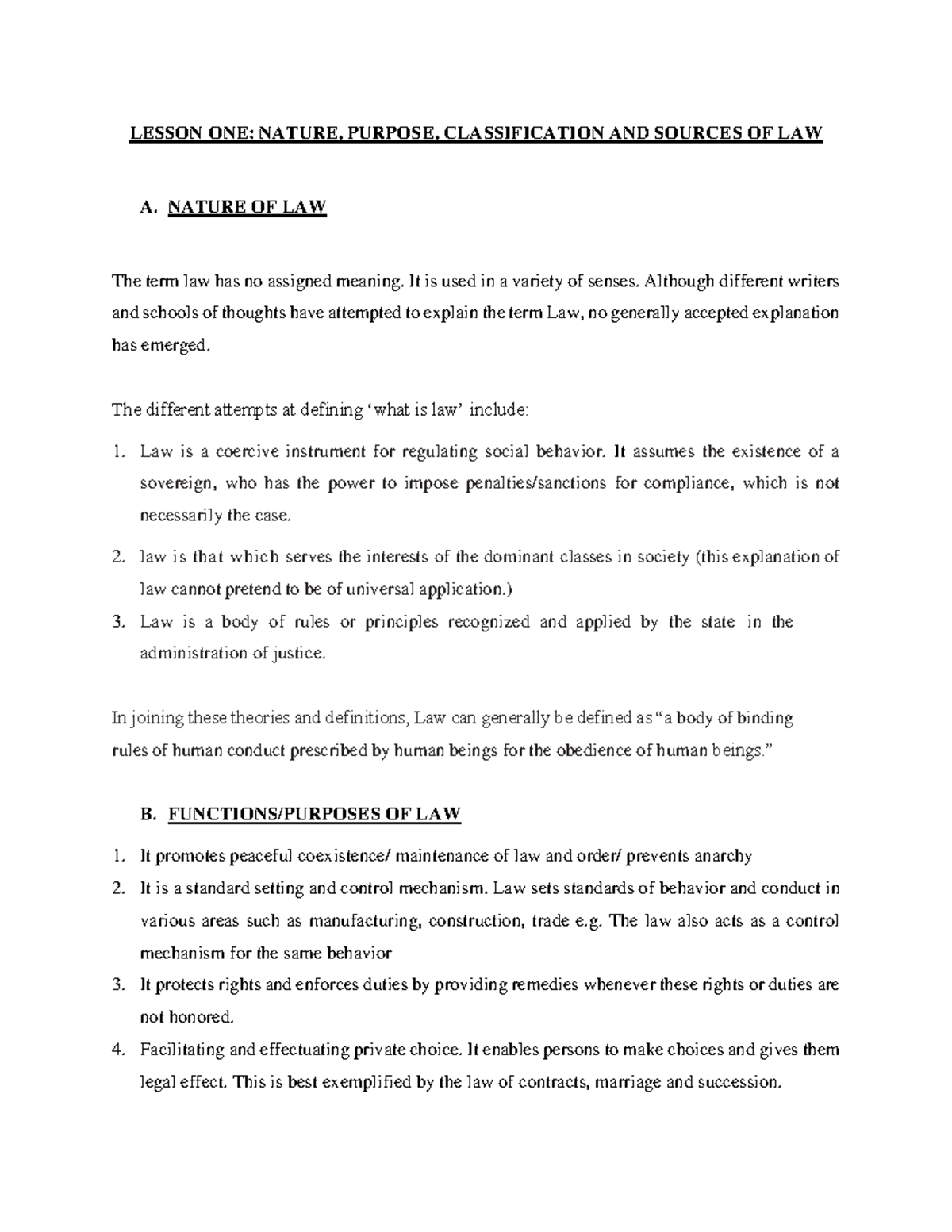 LAW 101: Lesson 1 - Nature, Purpose, Classification & Sources of Law ...