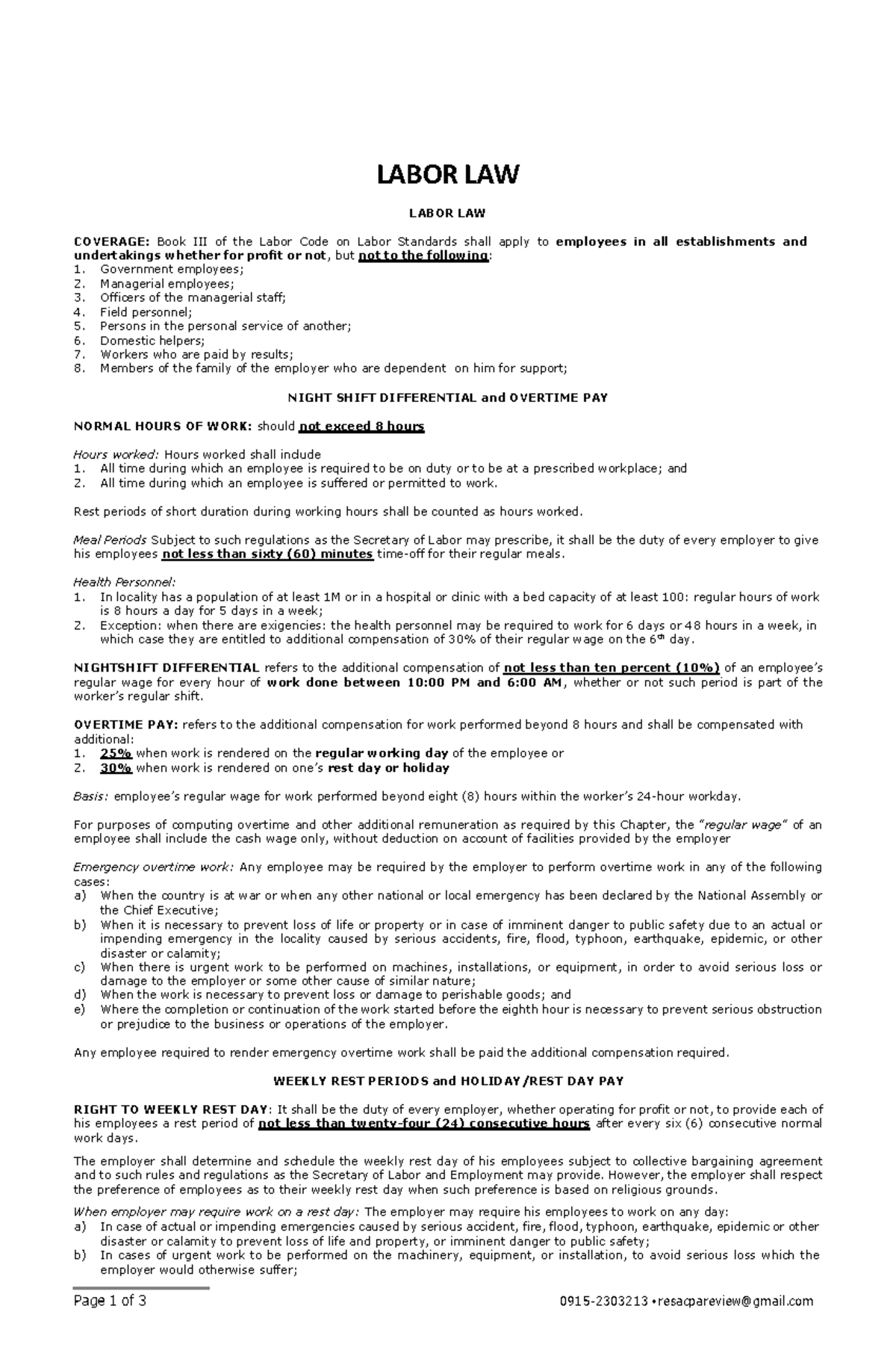 RFBT Labor Law Lecture Notes: Coverage, Compensation, and Employee ...