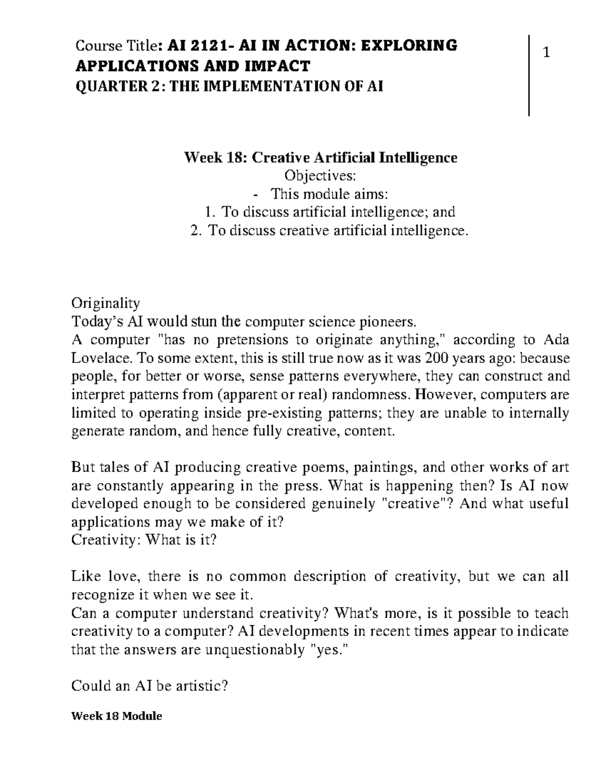 AI 2121 W18 - Creative Applications of Artificial Intelligence - Studocu