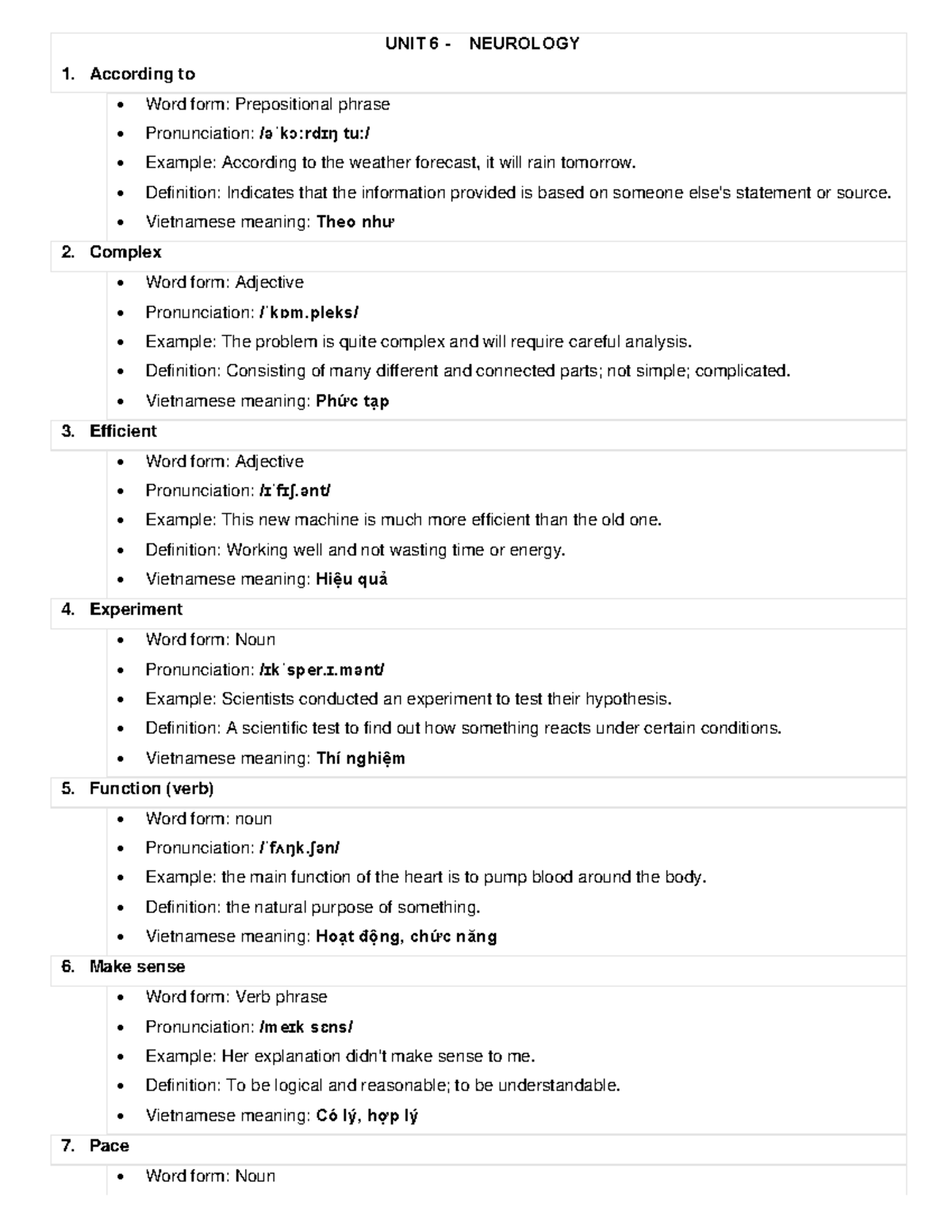 UNIT 6 NEUROLOGY: Vocabulary and Definitions for Study - Studocu