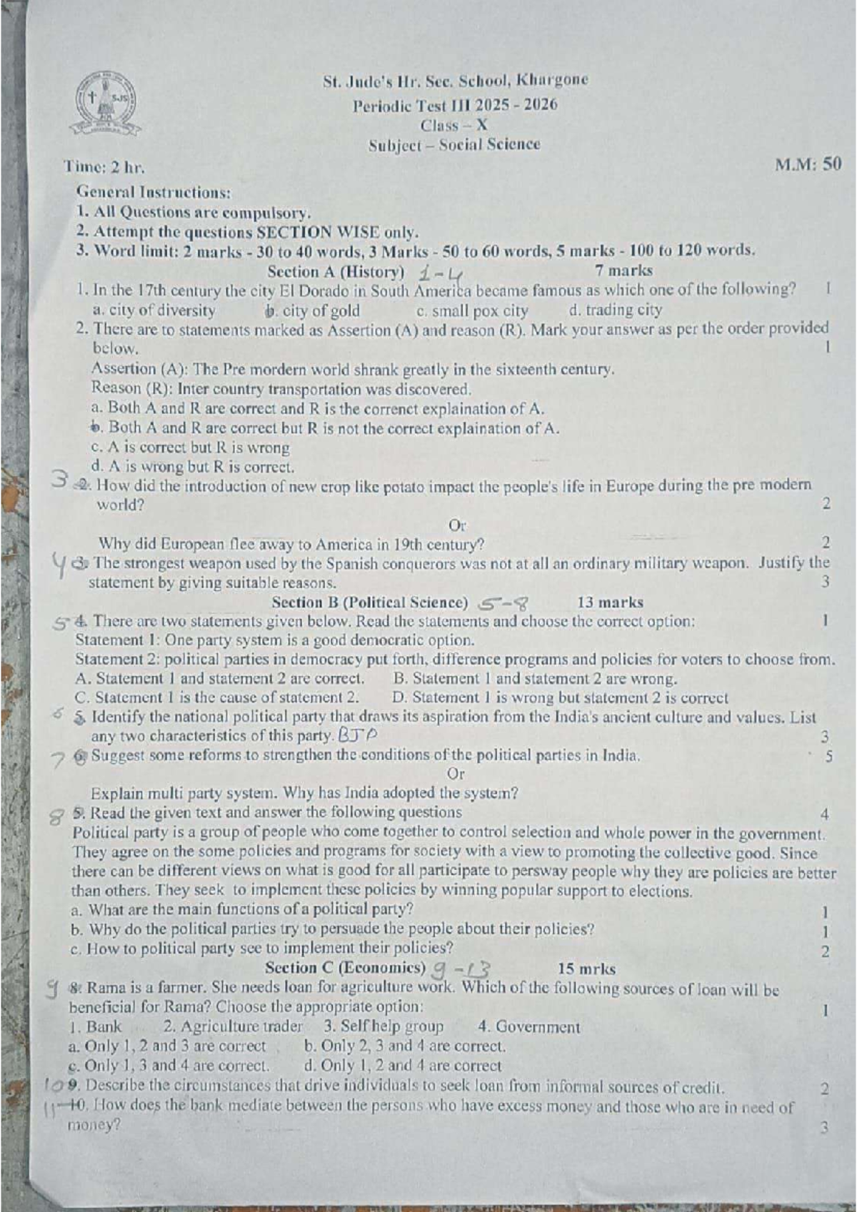 Class X Social Science Periodic Test 2025-2026 - St. Hr. Sec. School ...