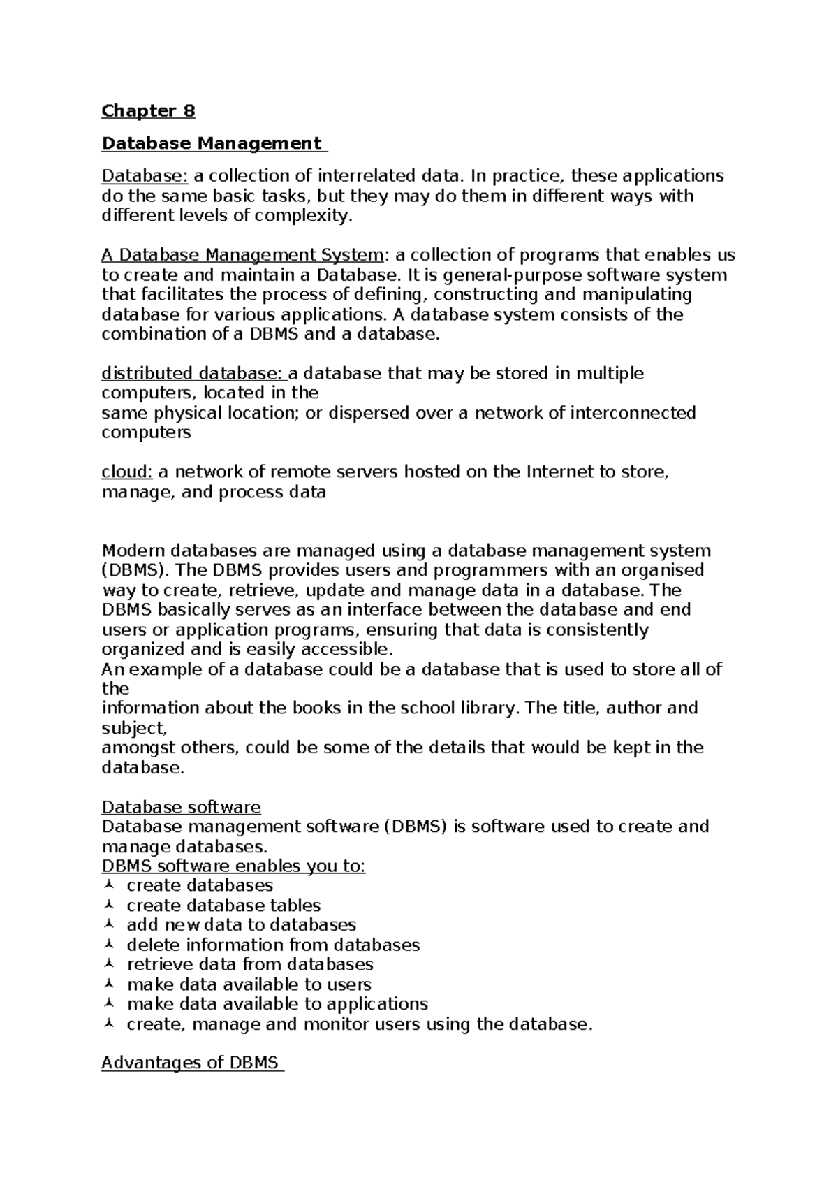 Chapter 8 - Overview of Database Management Systems (DBMS) - Studocu