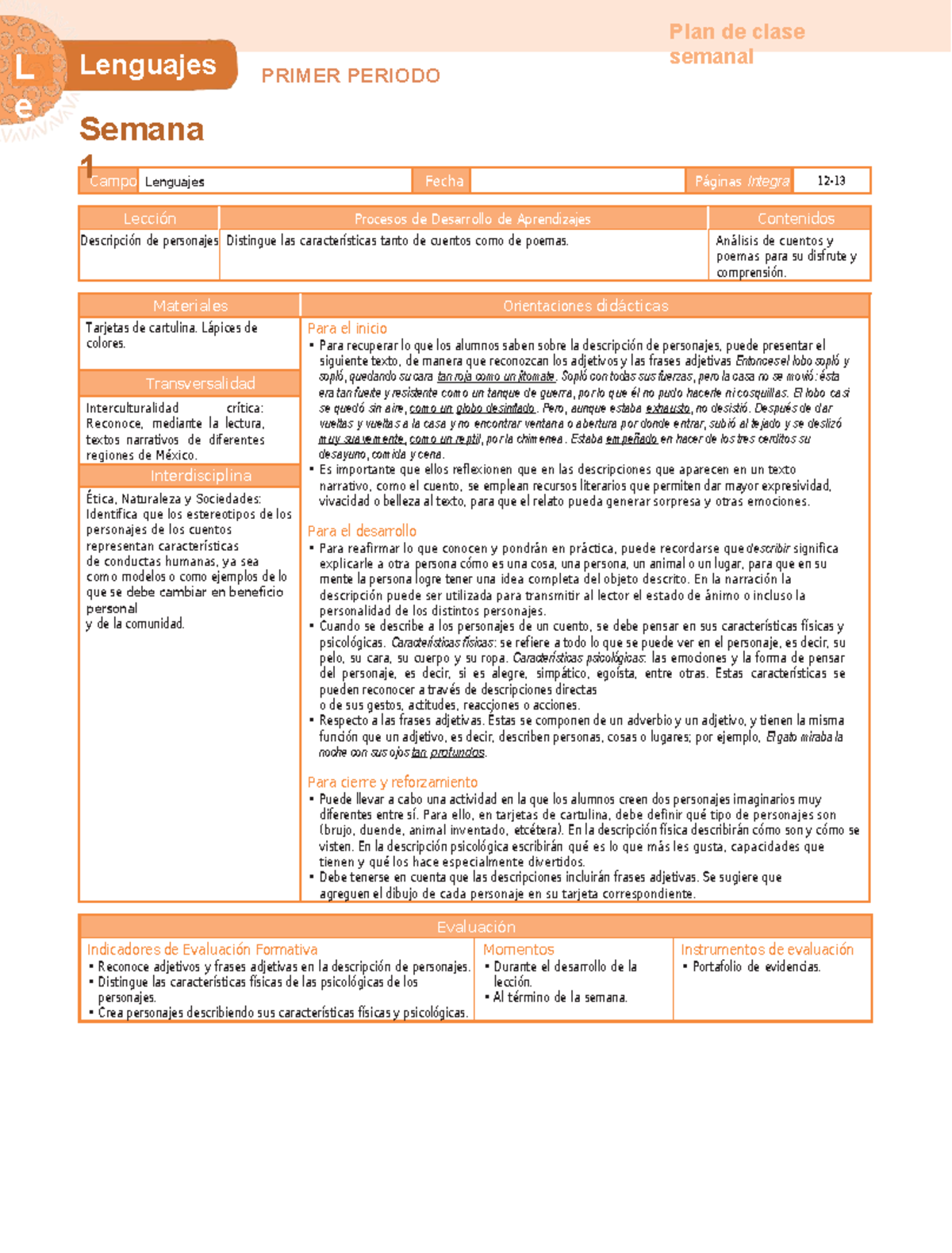 5TO 1 Plan de Clase Semanal: Descripción de Personajes en Lenguajes ...