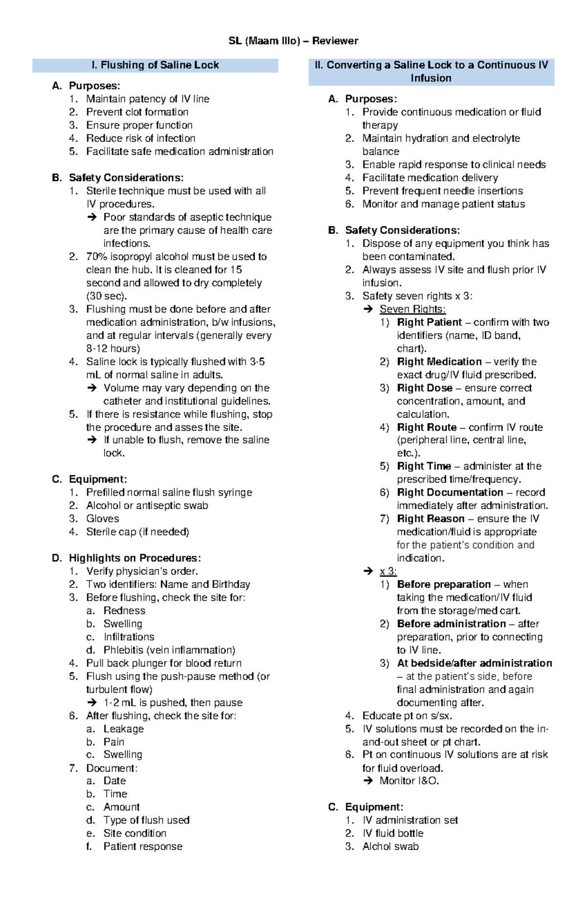 SL (Maam Illo) IV Infusion & Saline Lock Procedures Reviewer - Studocu